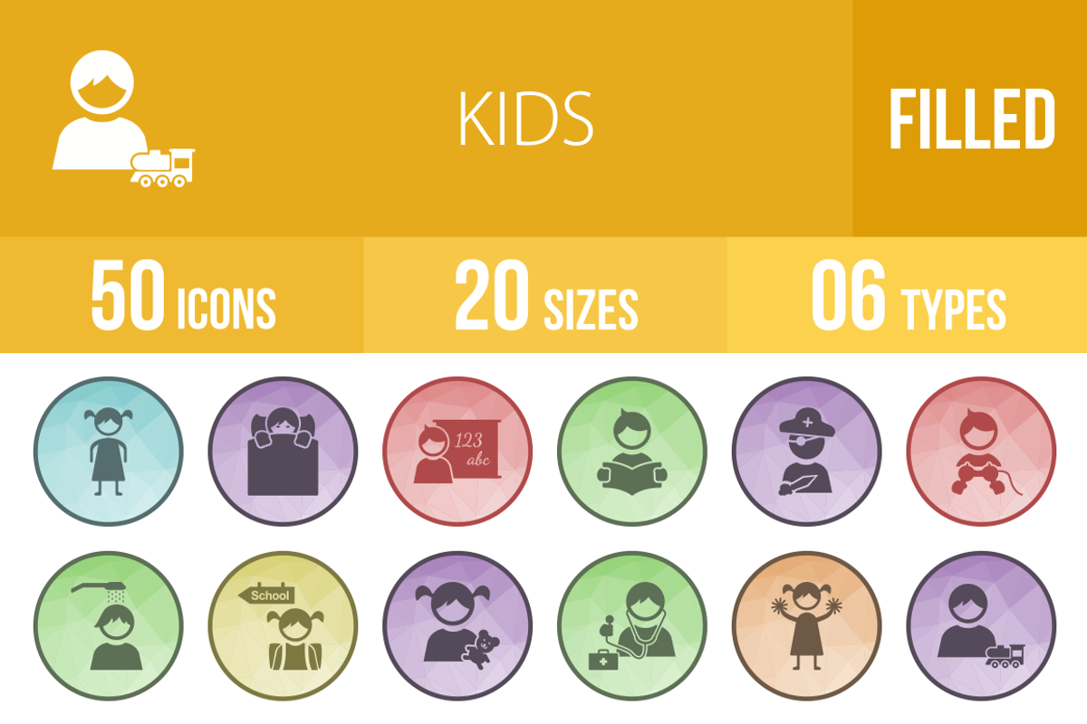 50 Kids Filled Low Poly Icons, an Icon by IconBunny
