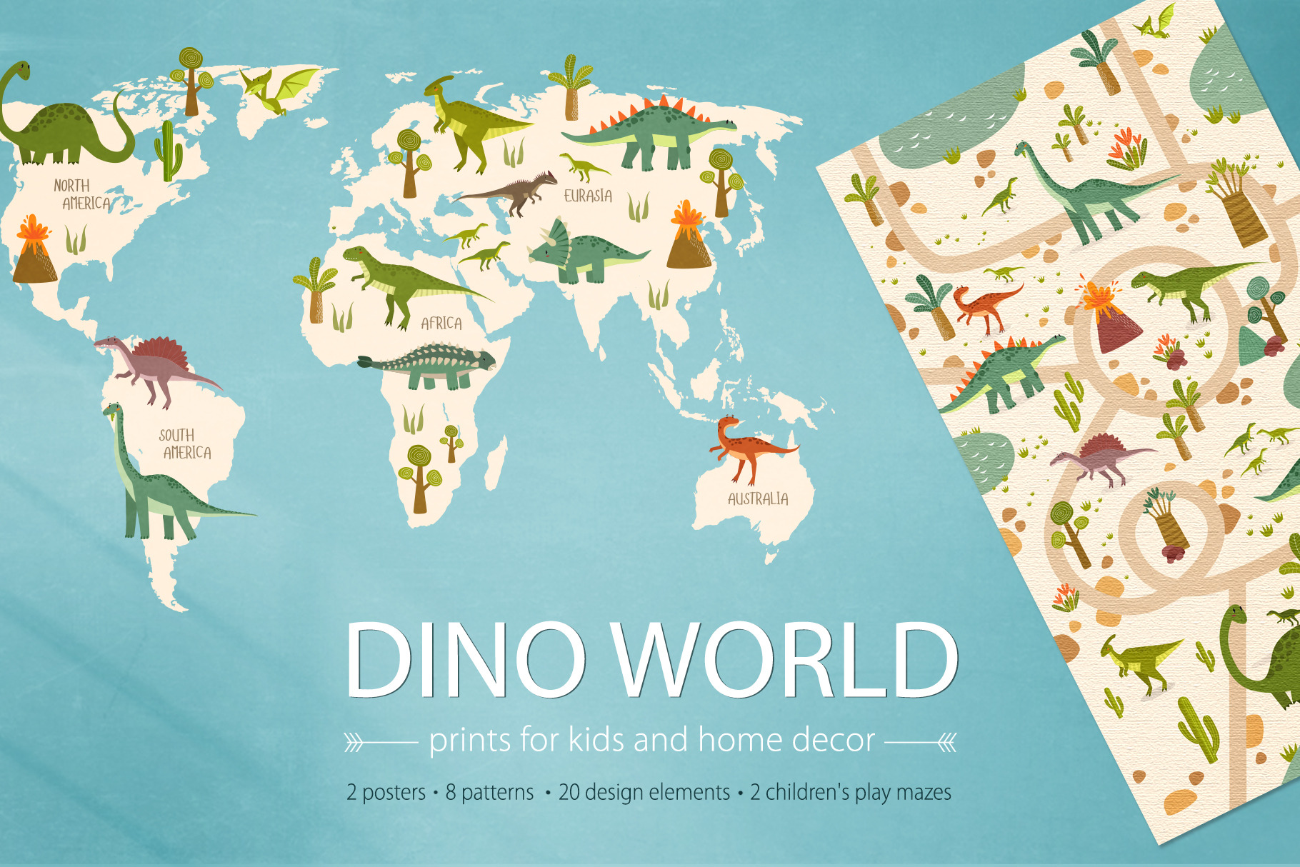Dinosaurs world map, an Animal Illustration by Olha Utchenko | Creative ...