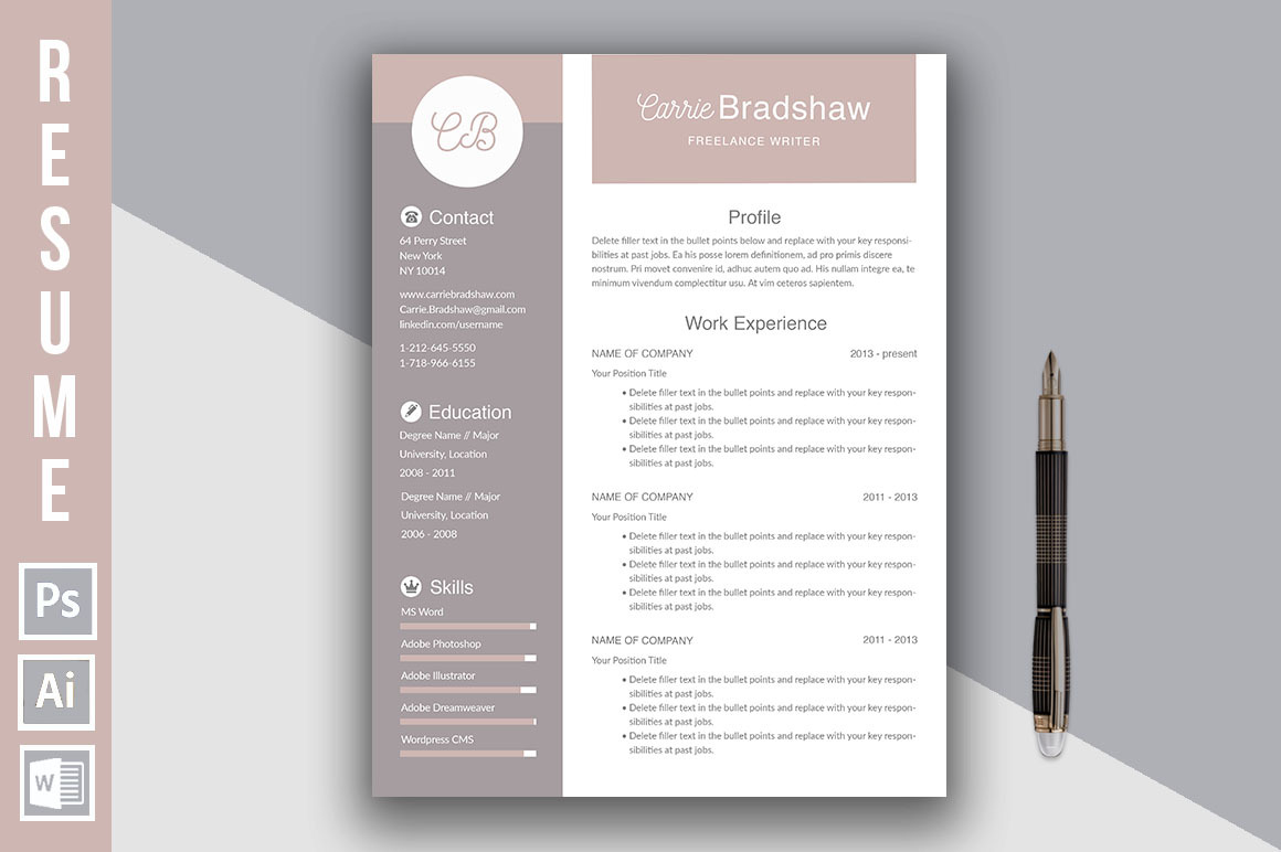 Resume Template Carrie Bradshaw, a Resume Template by buenofloresdesign