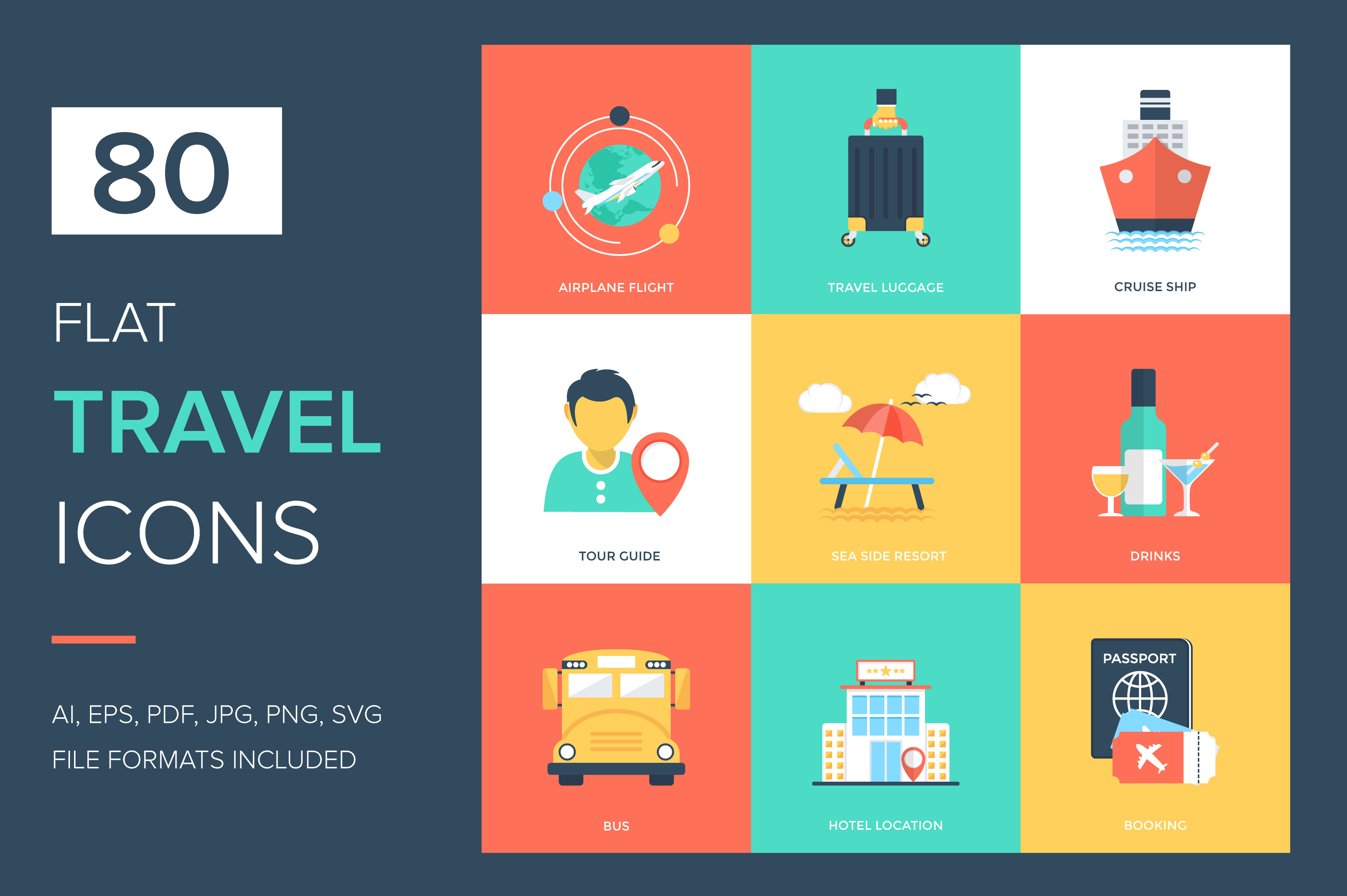 80 Flat Travel Icons, an Icon by Vectors Market