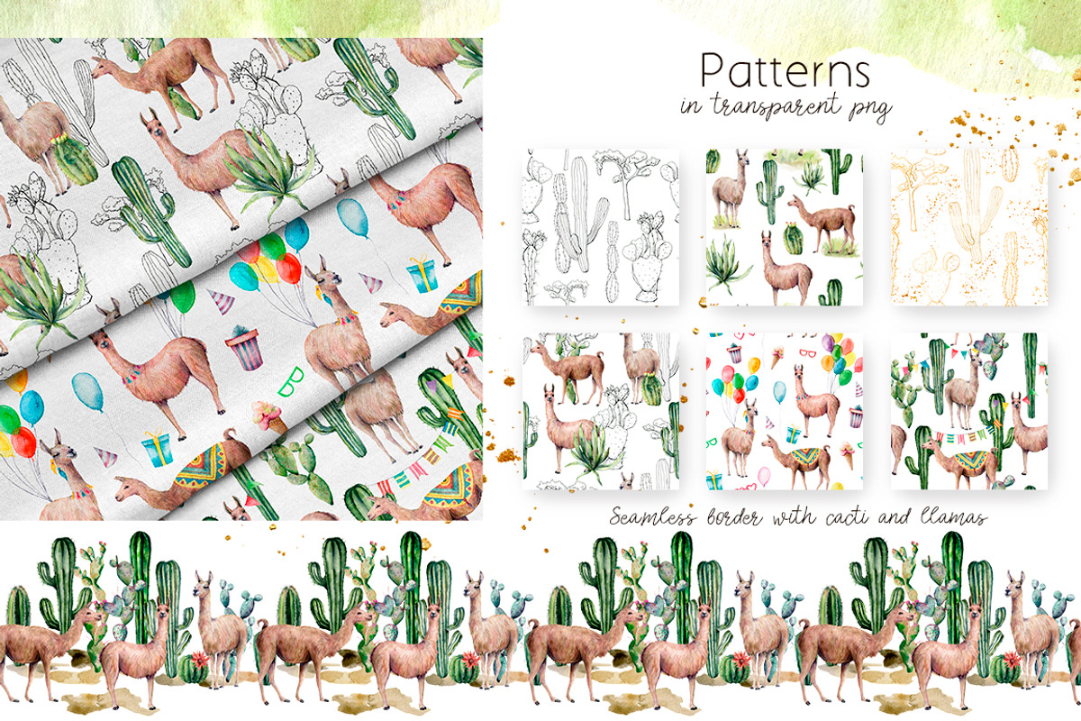 Llamas: cacti party. Watercolor bundle