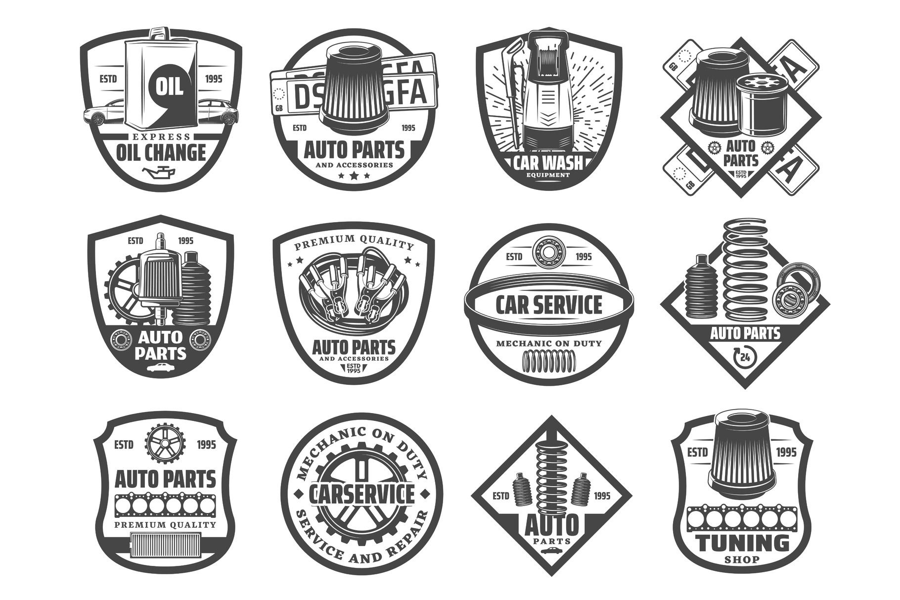 Spare parts, car service icons, a Transportation Illustration by Vector ...