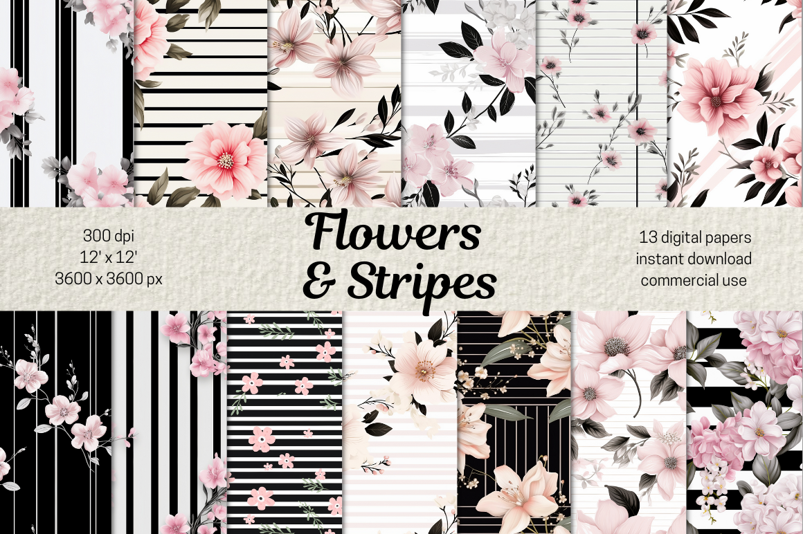 Floral Striped Digital Papers Pack, a Pattern Graphic by Mash Mash ...