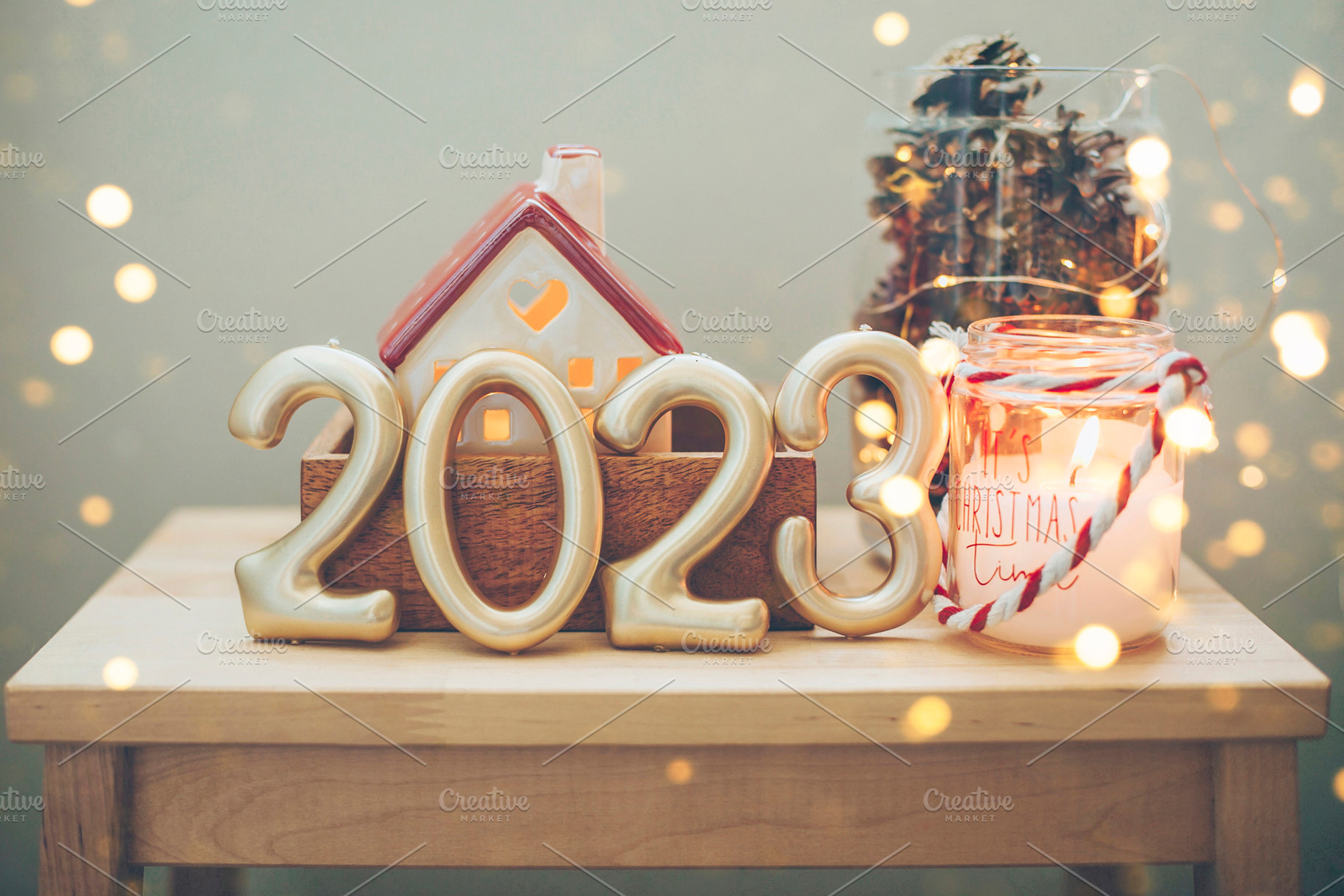 Numbers 2023 on with festive Christmas decor. Happy New Year 2023 ...