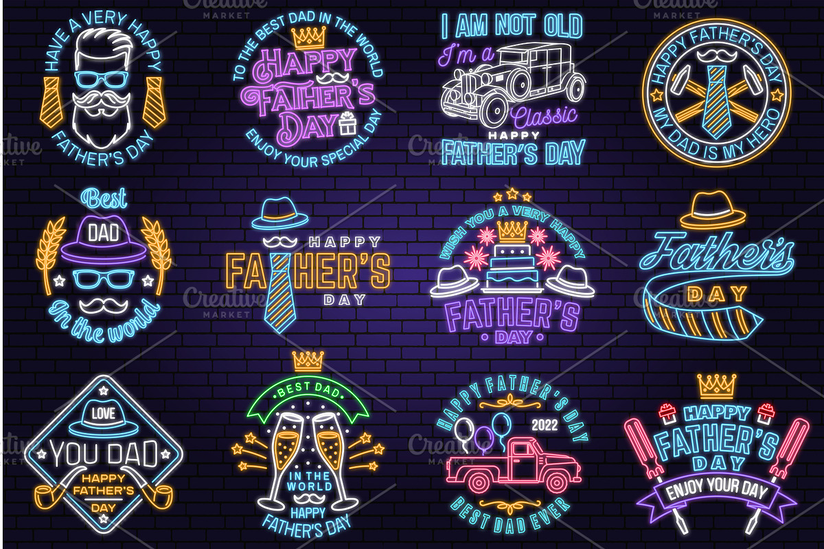 Set of Happy Father's Day Neon sign, a Decorative Illustration by ...