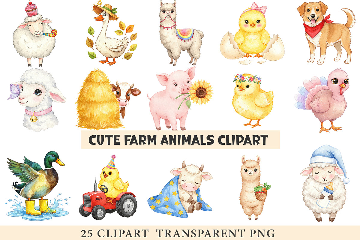 Cute Farm Animals Clipart, an Animal Illustration by cherrydesign