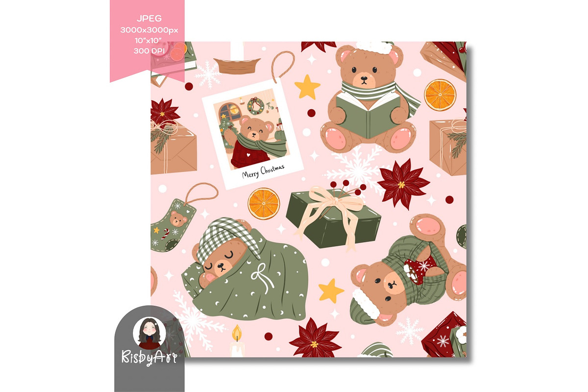 Christmas Teddy Bears Seamless, a Pattern Graphic by KisbyArt