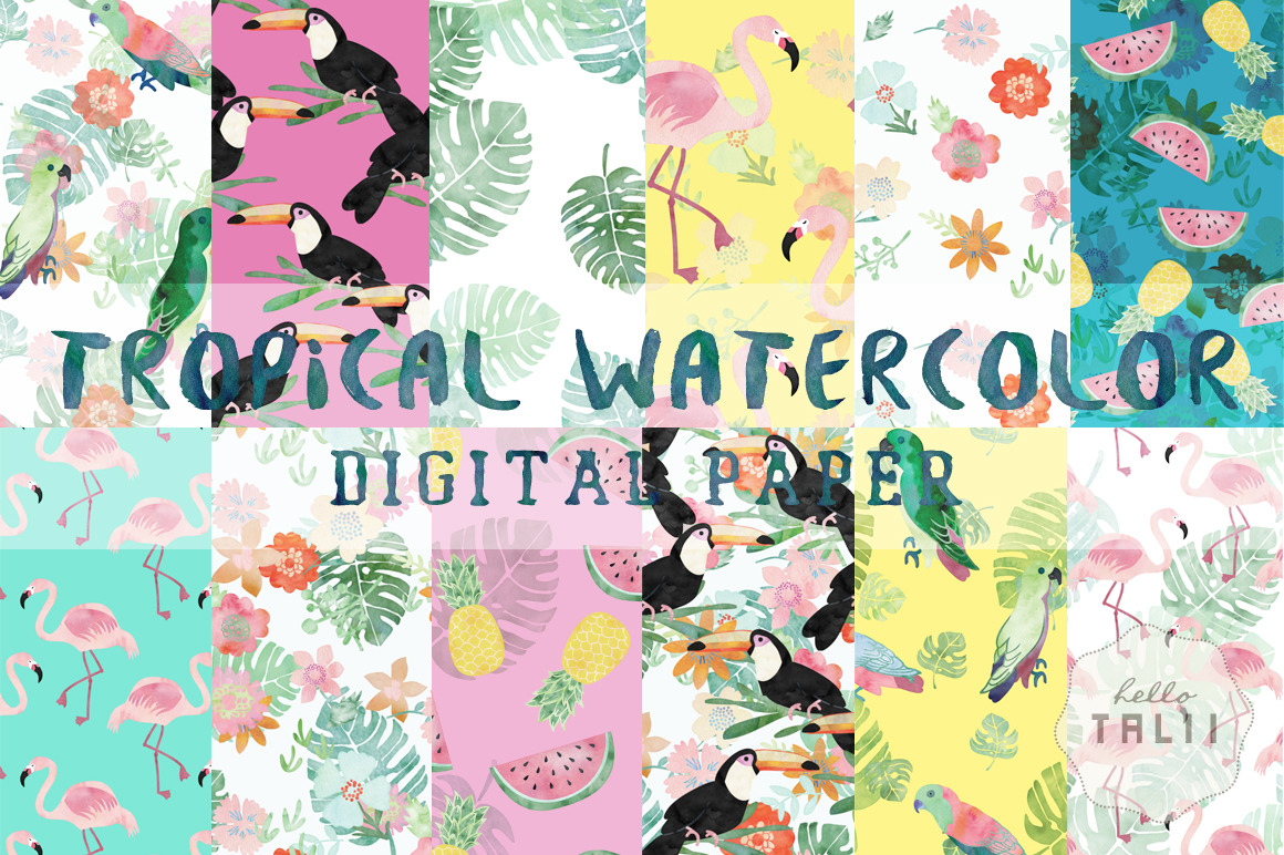 Tropical Watercolor Digital Paper, a Pattern Graphic by Hello Talii