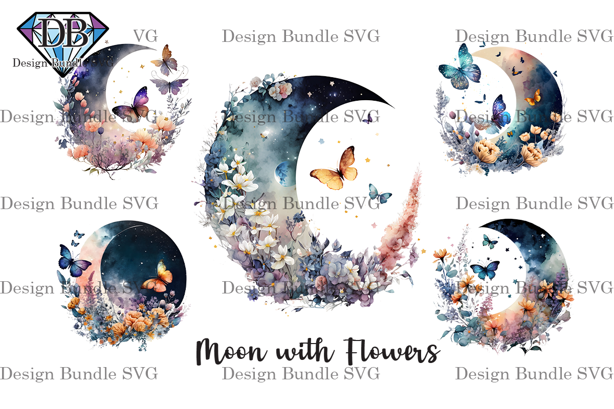 Moon With Flowers Bundle PNG Design, a Graphic by Design Bundle SVG