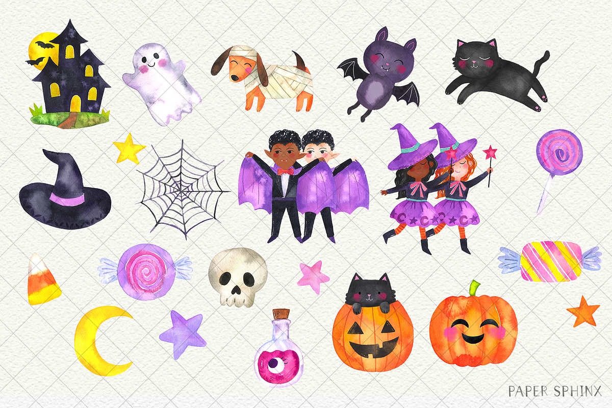 Cute Halloween Watercolor Clipart, an Illustration by PaperSphinx ...