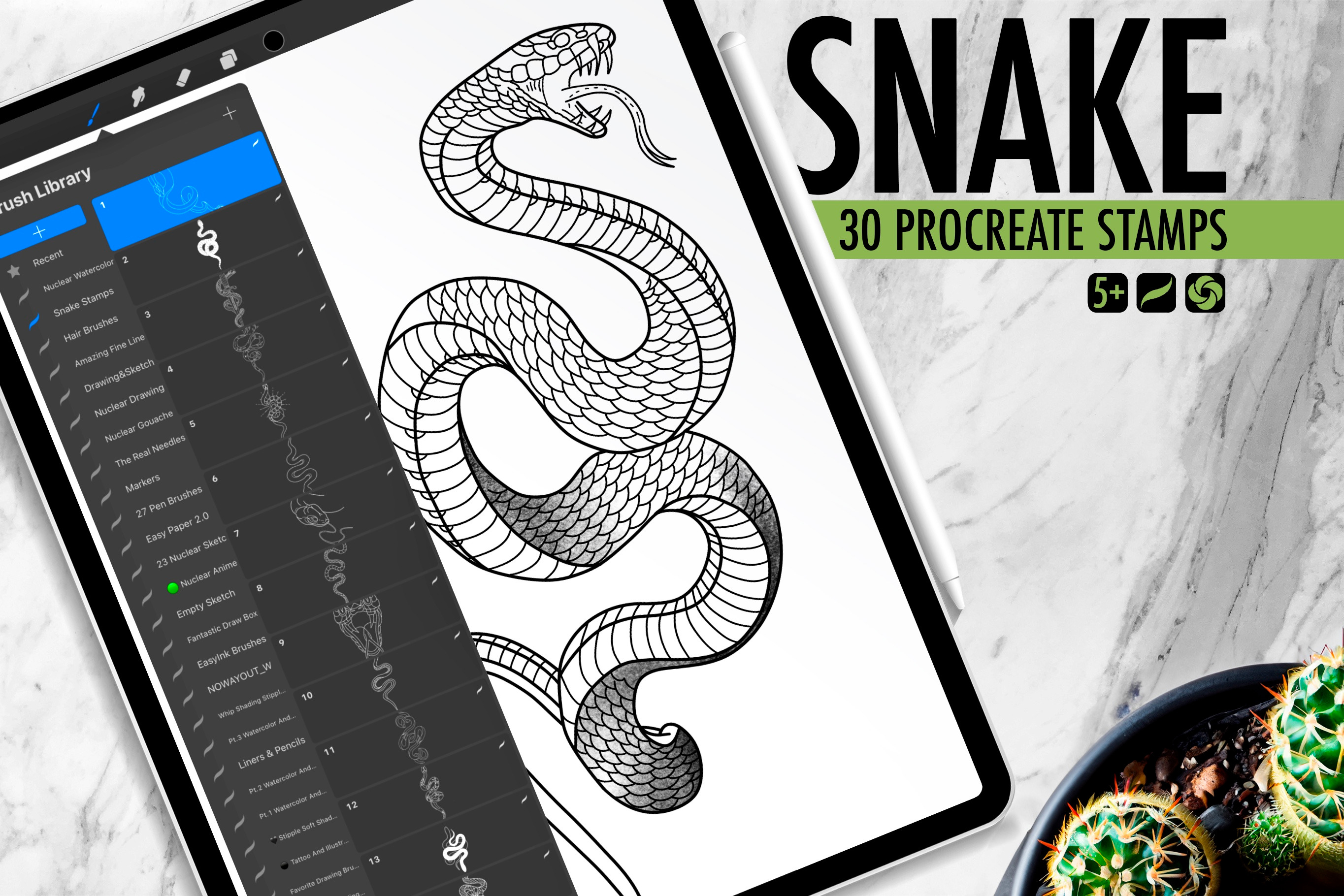 30 Procreate Snake Stamps, a Brush Add-On by Nuclear Brushes