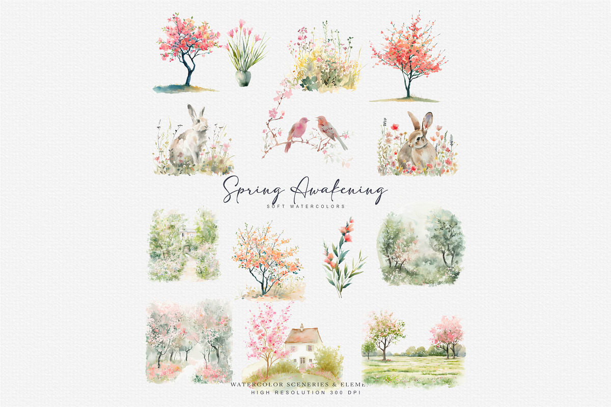 watercolor spring scenery clipart, a Decorative Illustration by ...