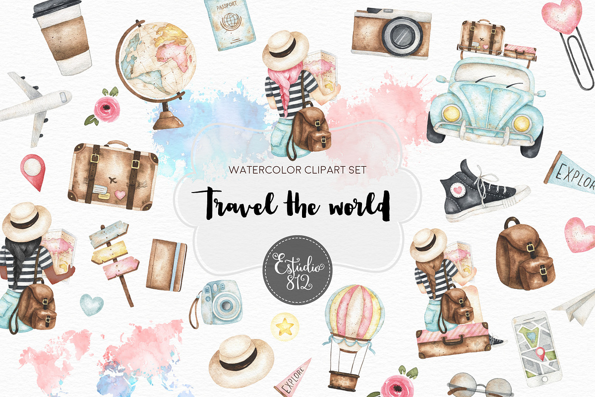 Travel the World watercolor set, an Illustration by Estudio 812