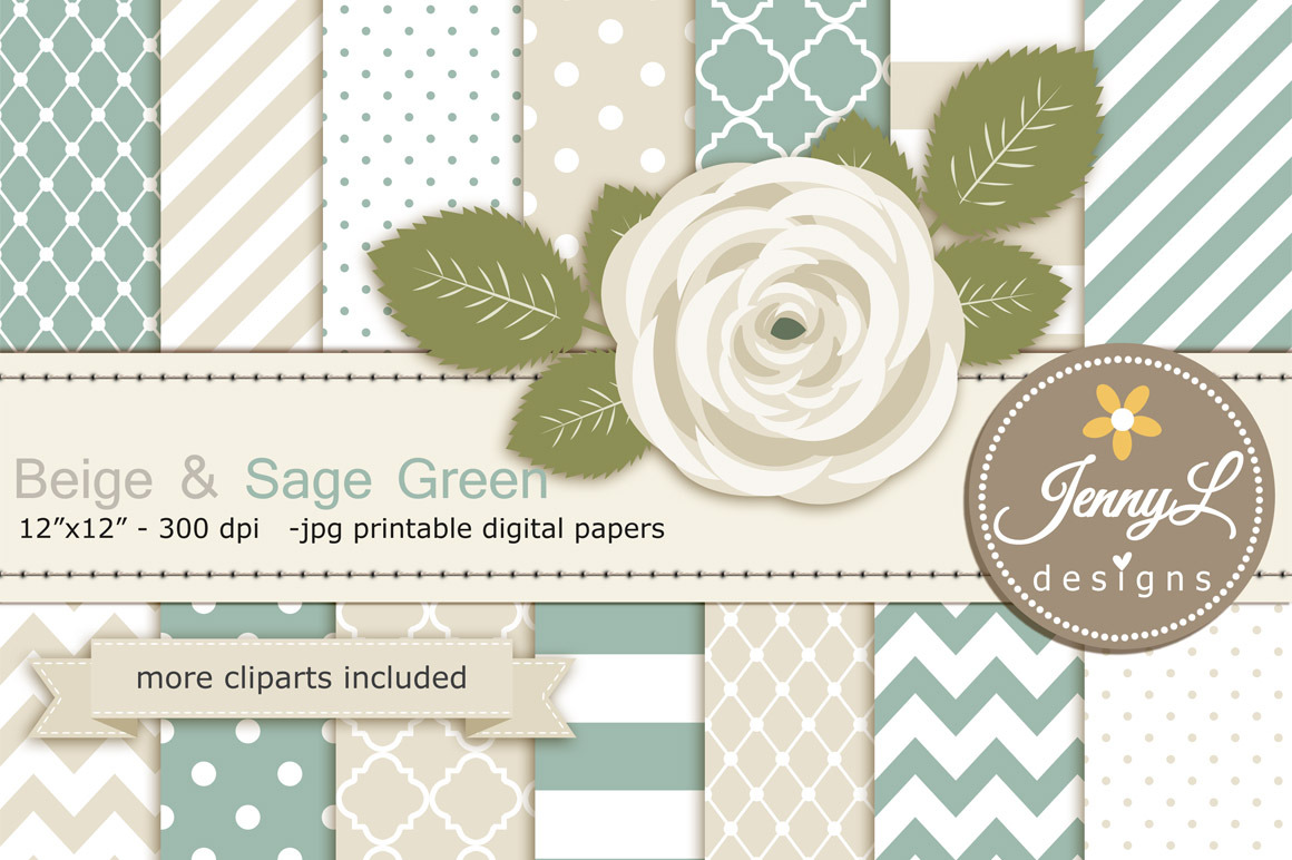 Beige and Sage Green Digital Paper, a Pattern Graphic by JennyL Designs