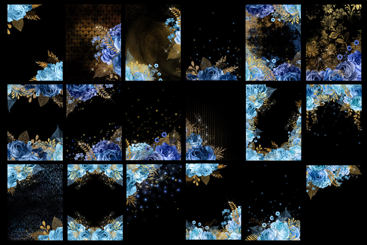 5x7 Blue and Gold Floral Overlays, an Illustration by Digital Curio