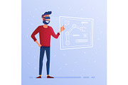 A man in VR headset with hud interface showing technological blueprint ...