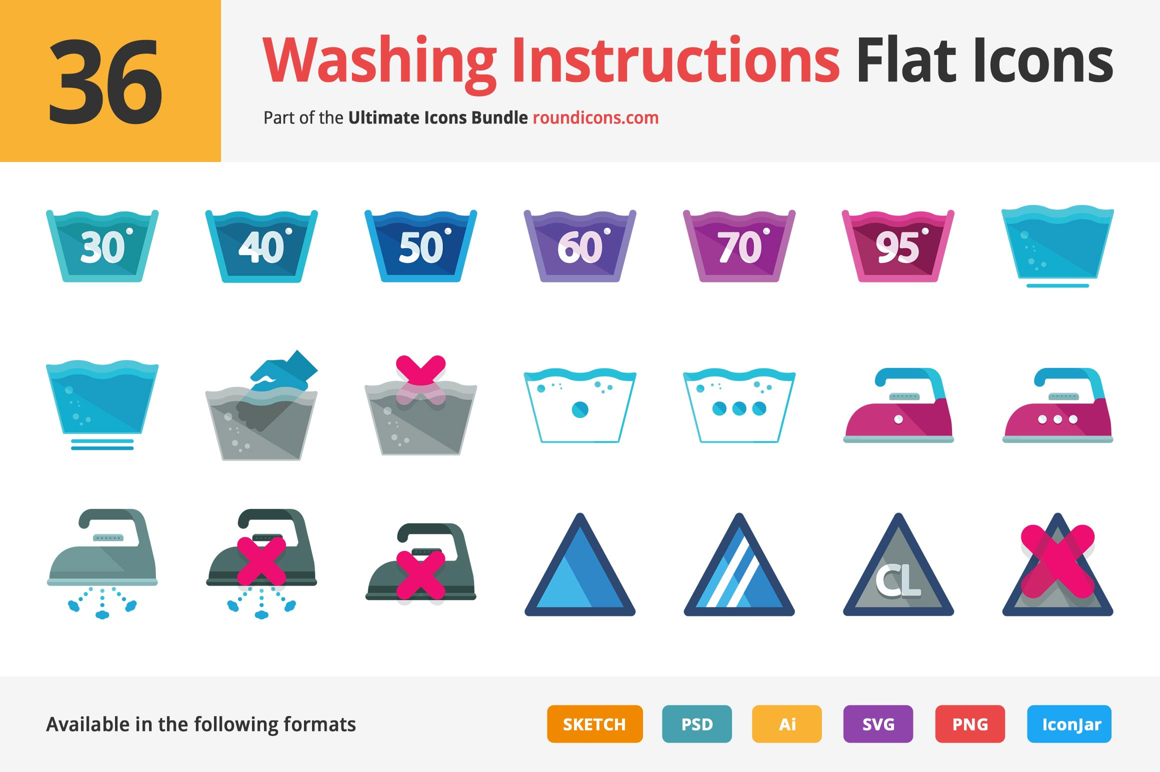 36 Washing Instructions Flat Icons, an Icon by Vectopus.com