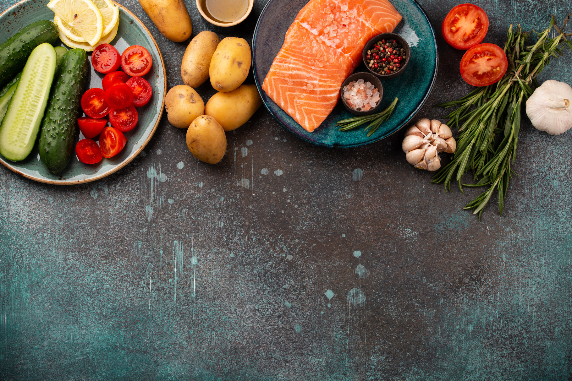 Raw salmon fillet and vegetables containing healthy, salmon, and fish ...