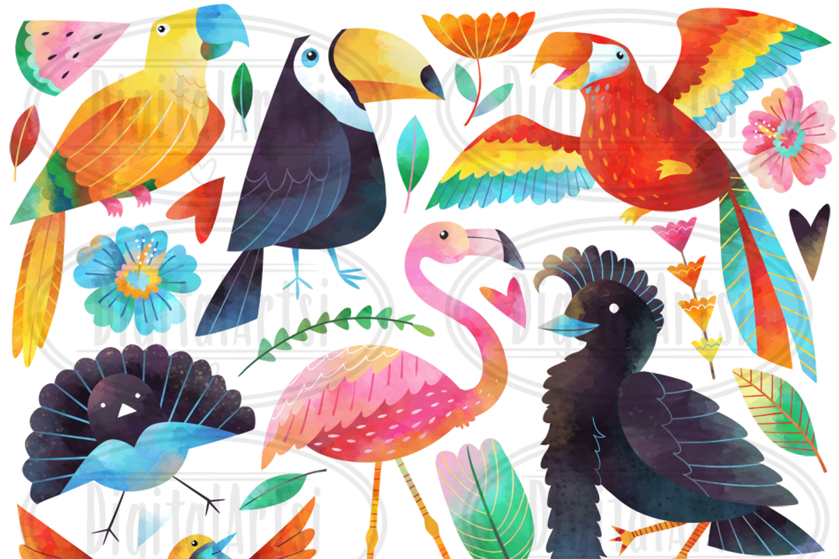 Watercolor Tropical Birds Clipart, an Illustration by DigitalArtsi