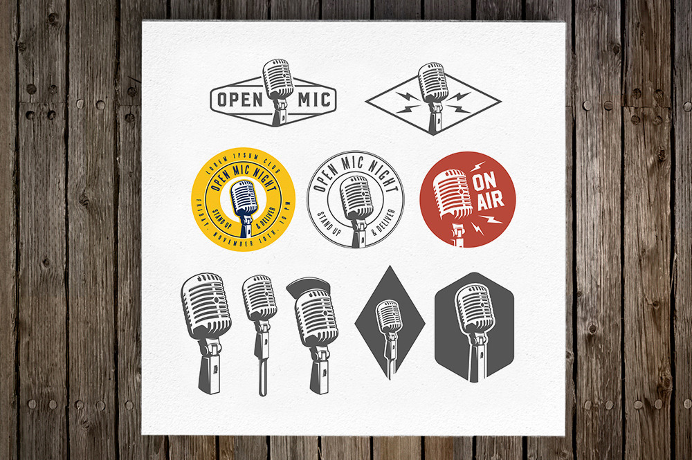Vintage microphone emblems and logos, an Object Illustration by 1baranov