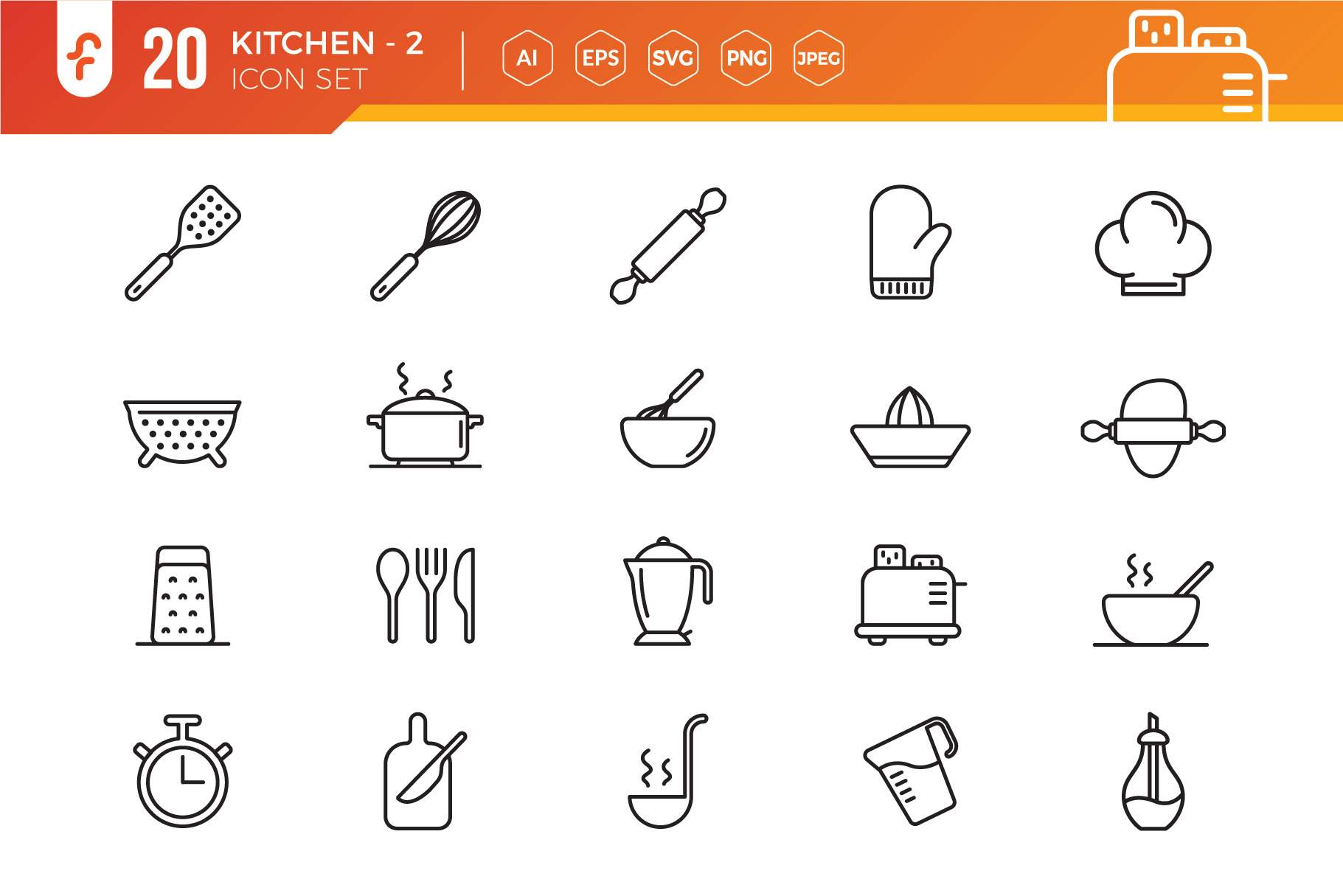 Simple set of kitchen vector icons, an Outline Icon by ft.studio ...