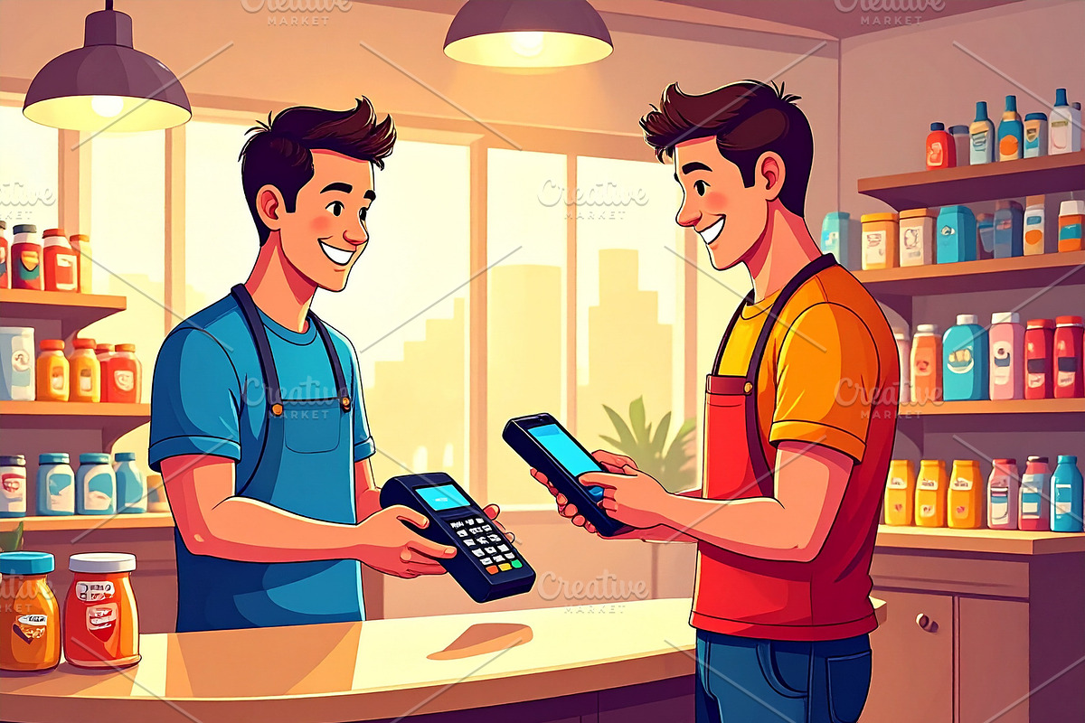 Cartoon style illustration young man uses his smartphone to make, a ...