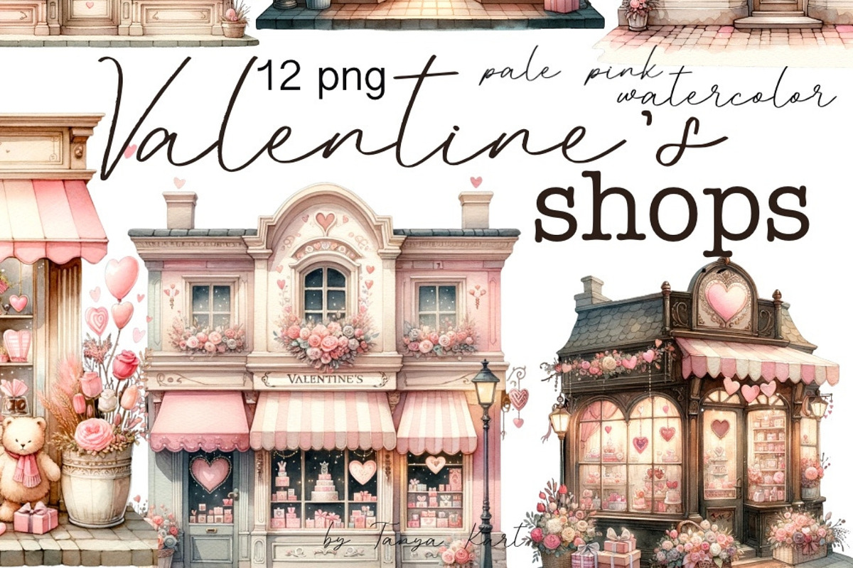 Valentine Shops Clipart Bundle, a Seasonal Illustration by Tanya Kart