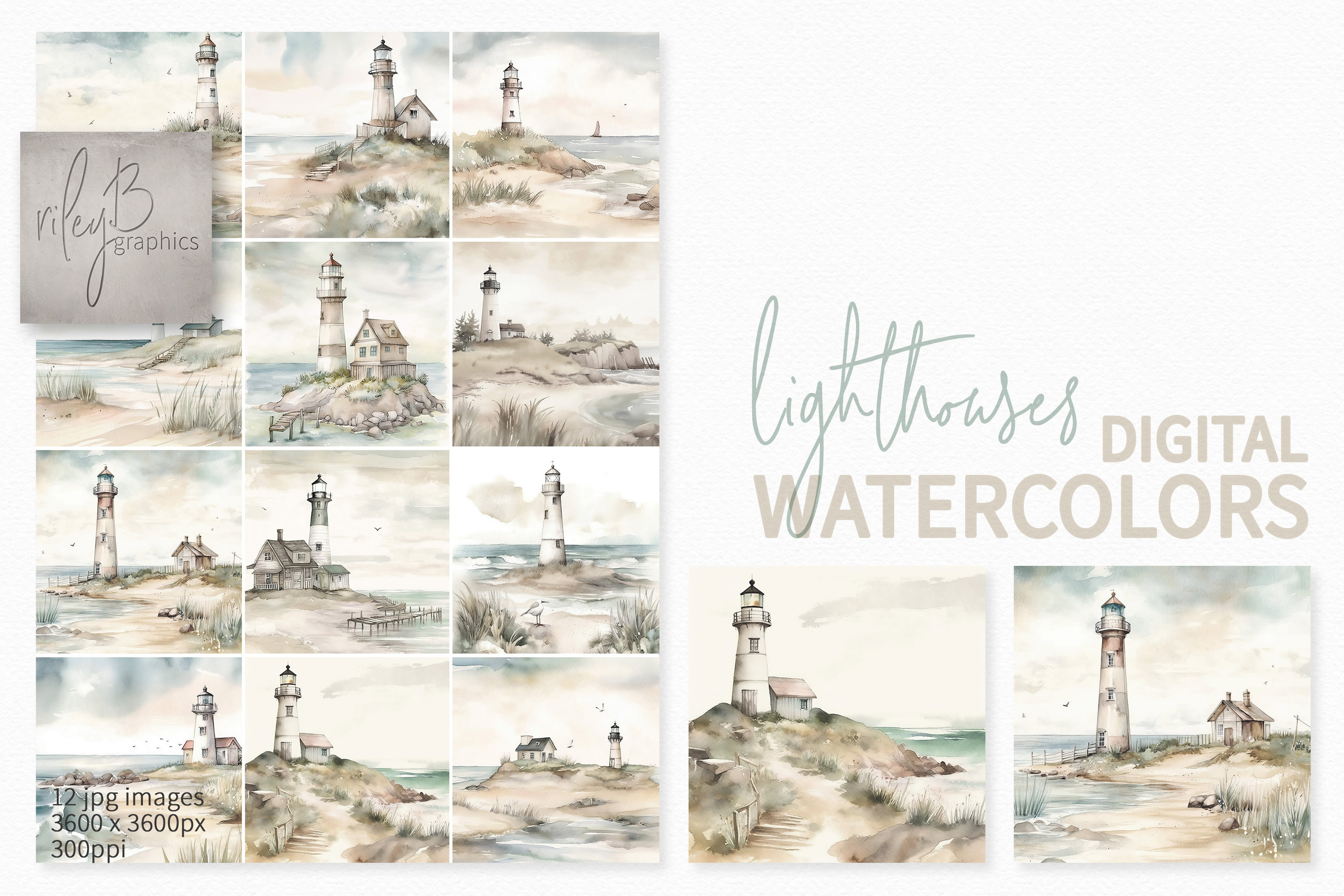 Lighthouses Digital Watercolors, a Texture Graphic by rileyBgraphics