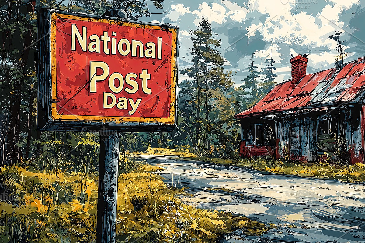 Rustic countryside scene celebrating National Post Day artfully, an ...