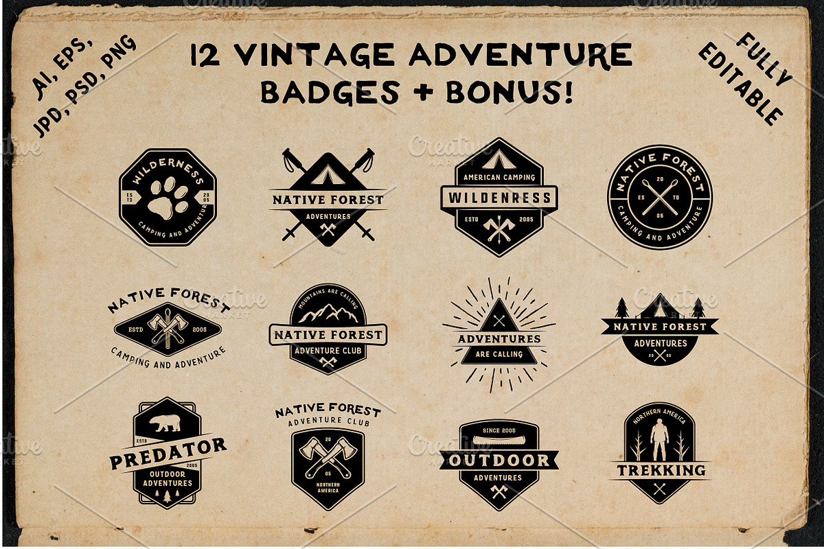 12 vintage adventure badges, a Branding & Logo Template by AkimD