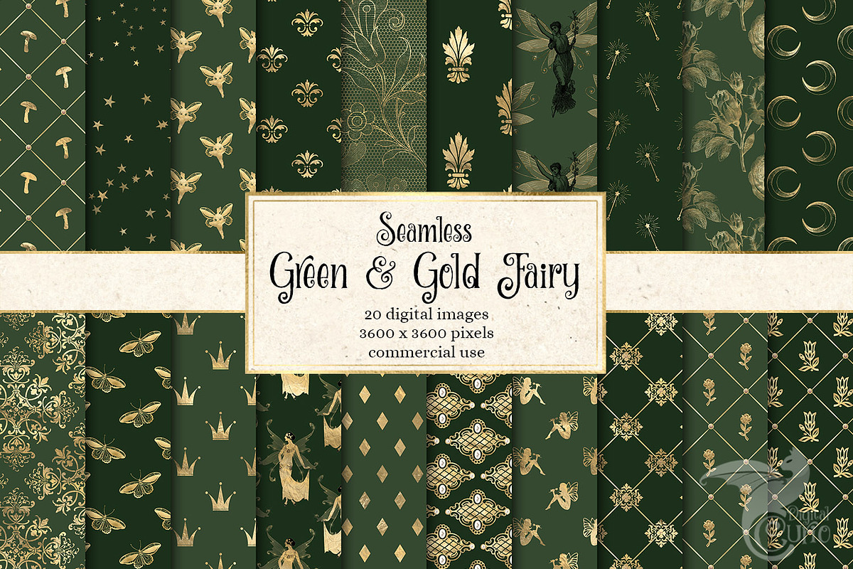 Green and Gold Fairy Digital Paper, a Pattern Graphic by Digital Curio