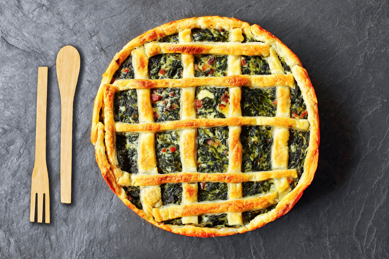 Pastry spinach ham and béchamel featuring green, pastry, and quiche, a ...