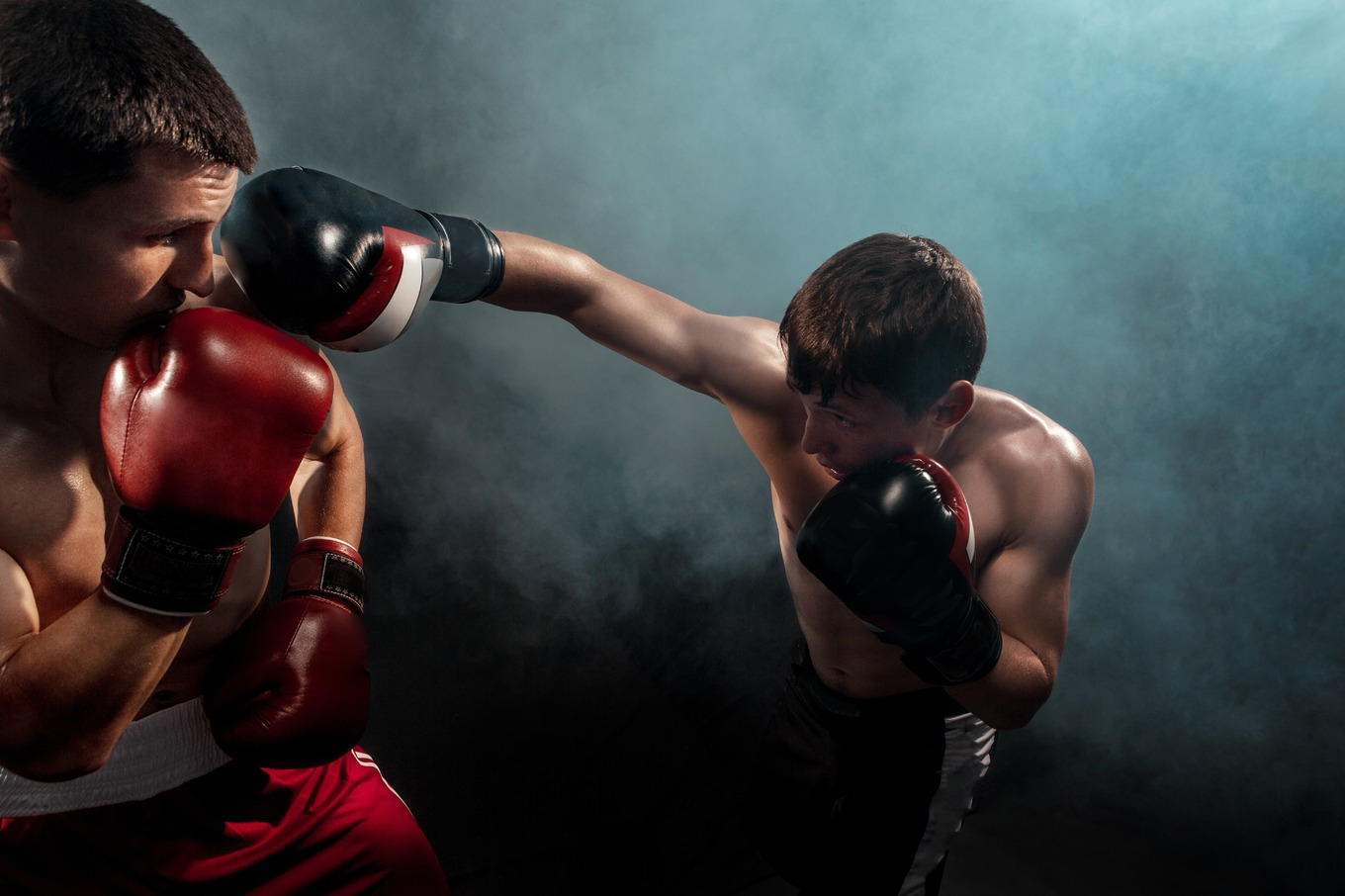 Two professional boxer boxing on black smoky background featuring ...