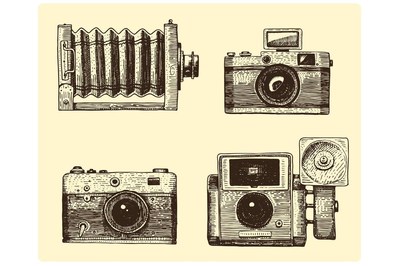 Photo camera set vintage, engraved hand drawn in sketch or wood cut ...