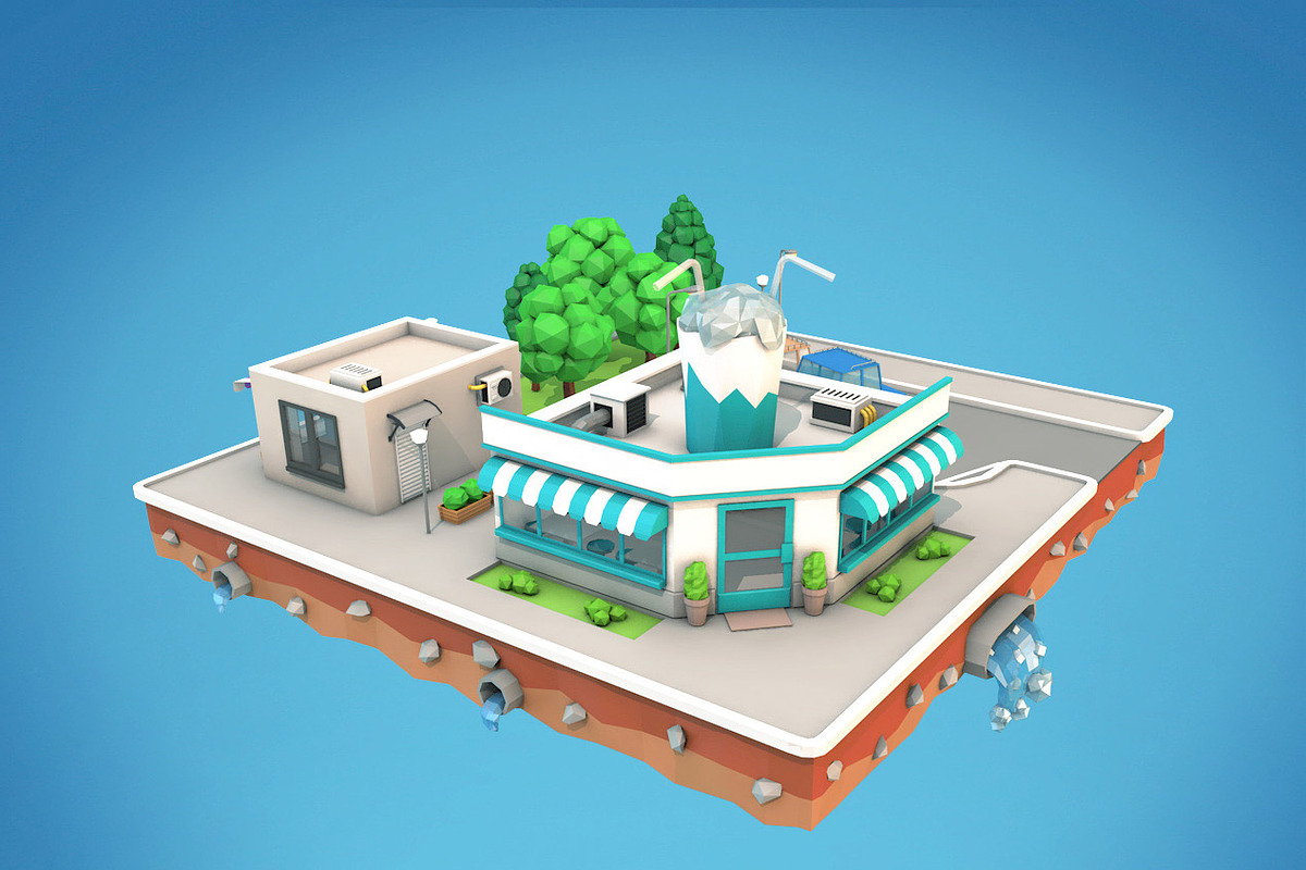 Cartoon City Block Cafe Building, an Architecture 3D Model by Low Poly Lab