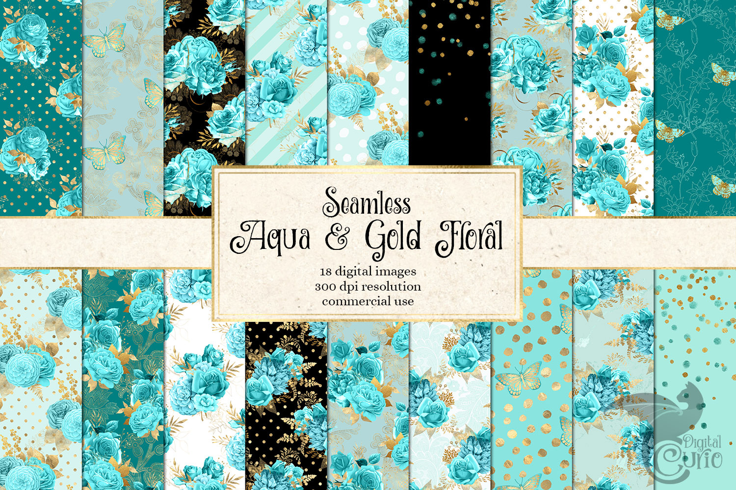 Aqua and Gold Floral Digital Paper, a Pattern Graphic by Digital Curio