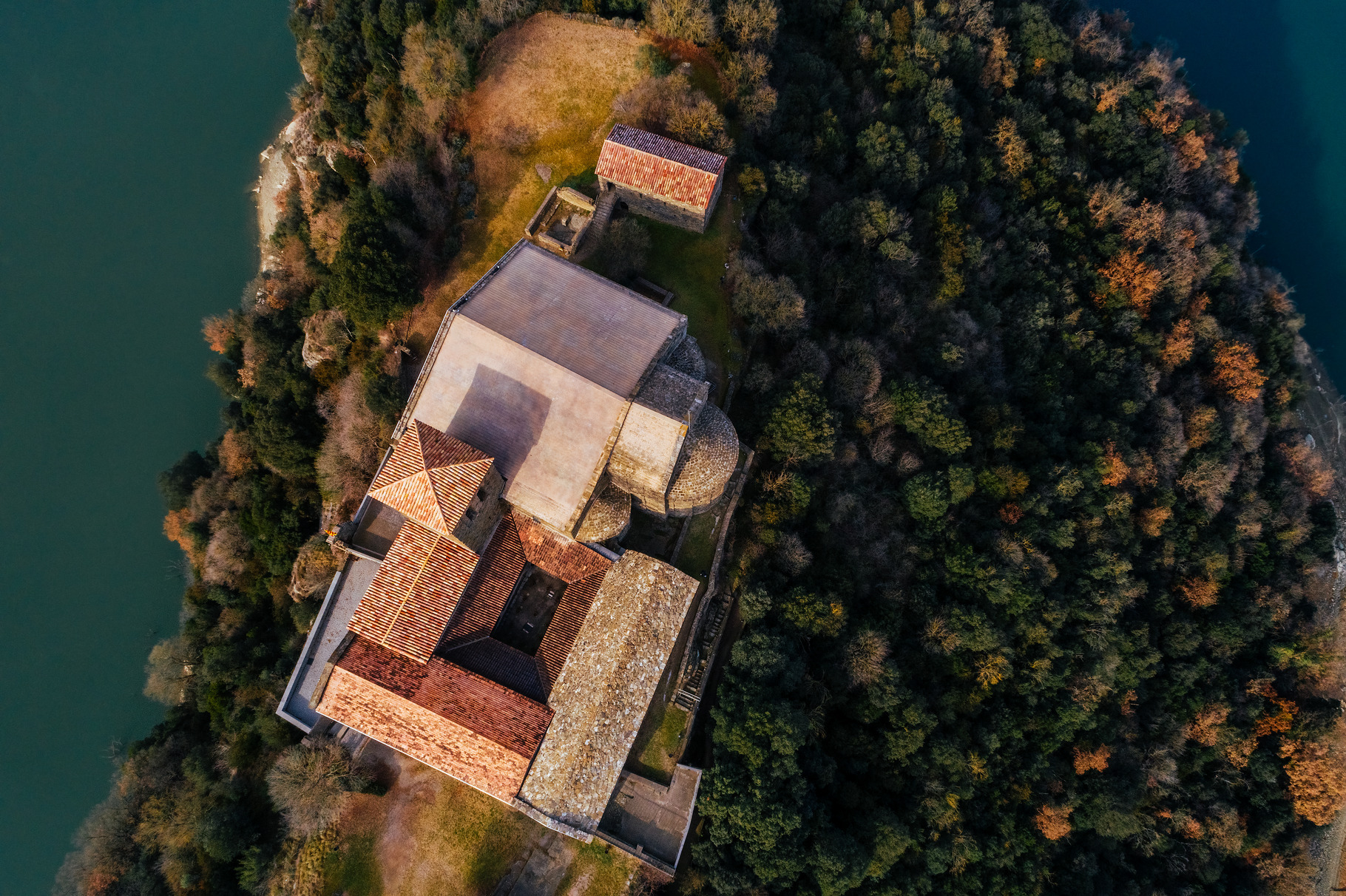 Aerial view of a monastery containing monastery, sant, and casserres ...