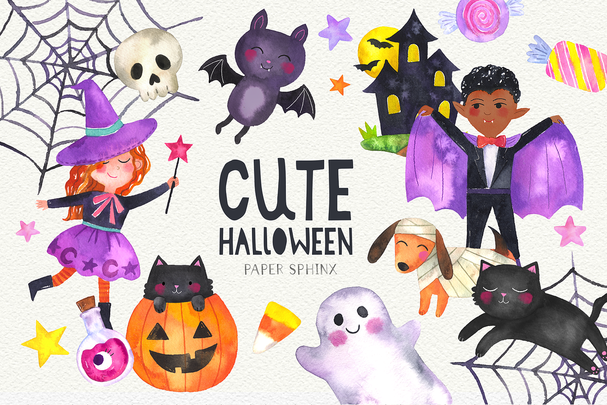 Cute Halloween Watercolor Clipart, an Illustration by PaperSphinx