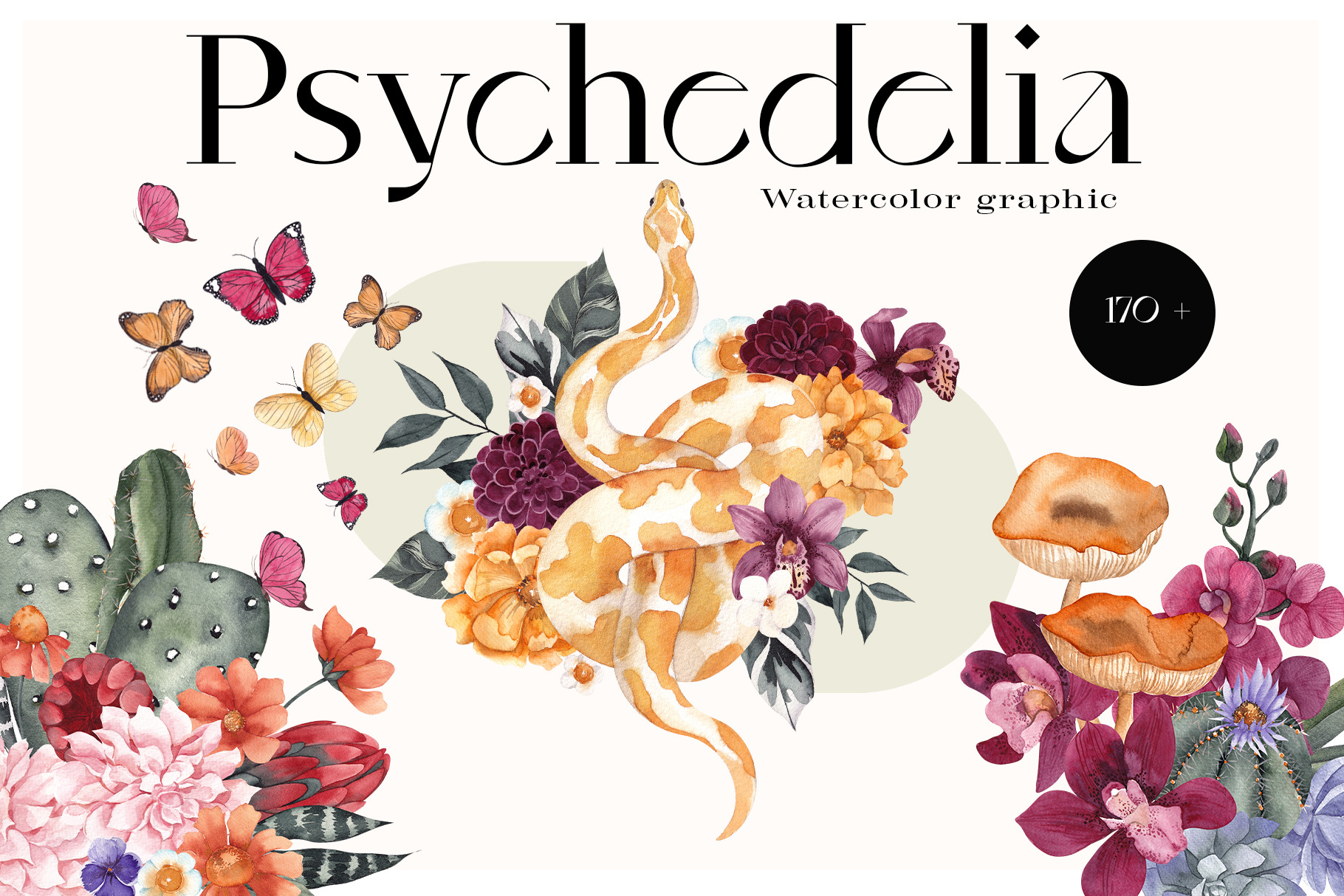 Psychedelic Flowers, mushroom, cactus