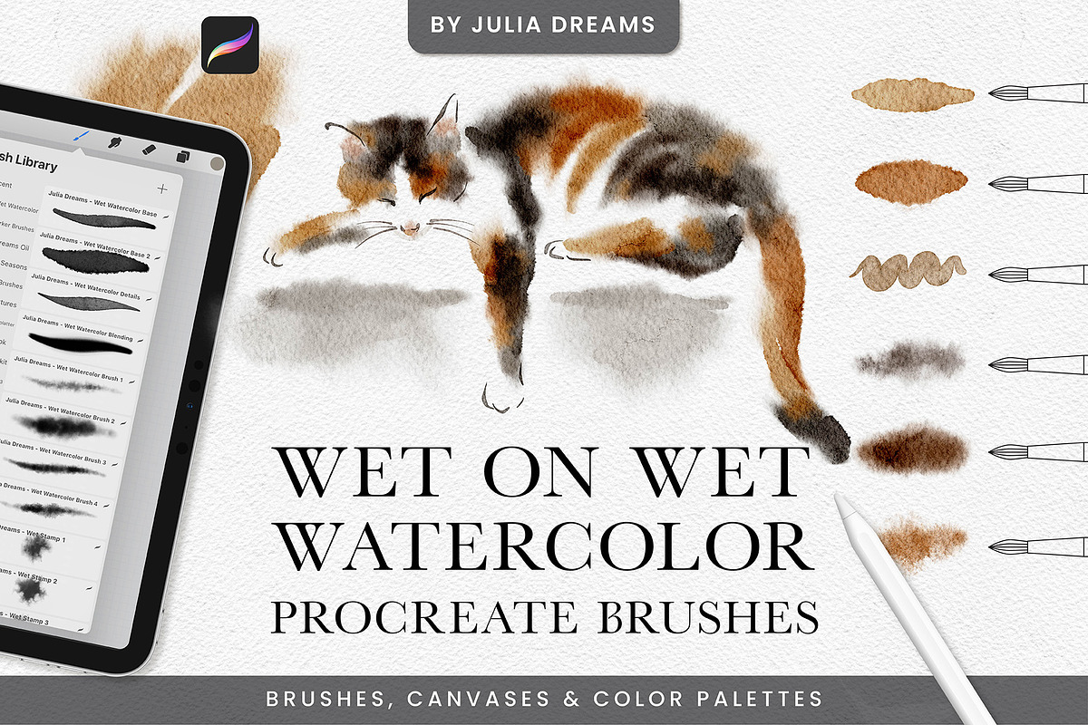 Wet Watercolor Procreate Brushes, a Brush Add-On by Julia Dreams