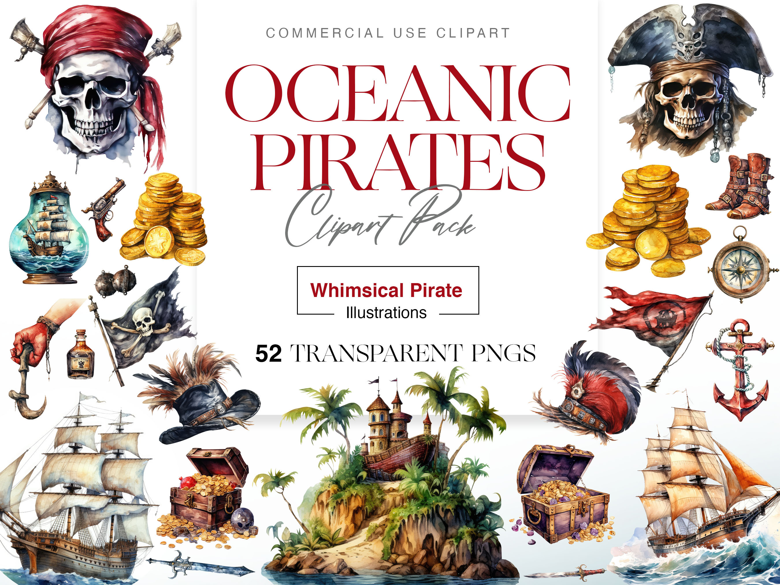 Watercolor Pirates Clipart, Ship, Map