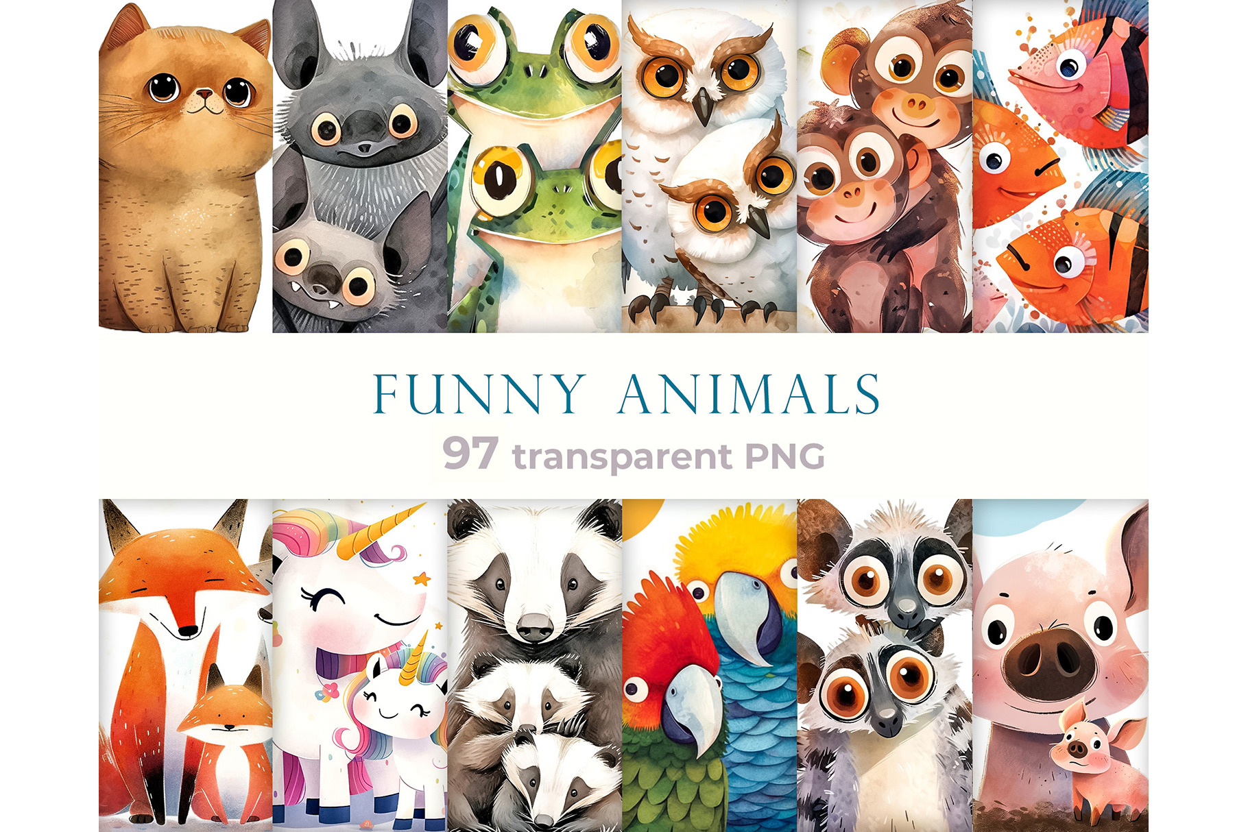 Watercolor cartoon animals bundle, an Animal Illustration by Bubert Art