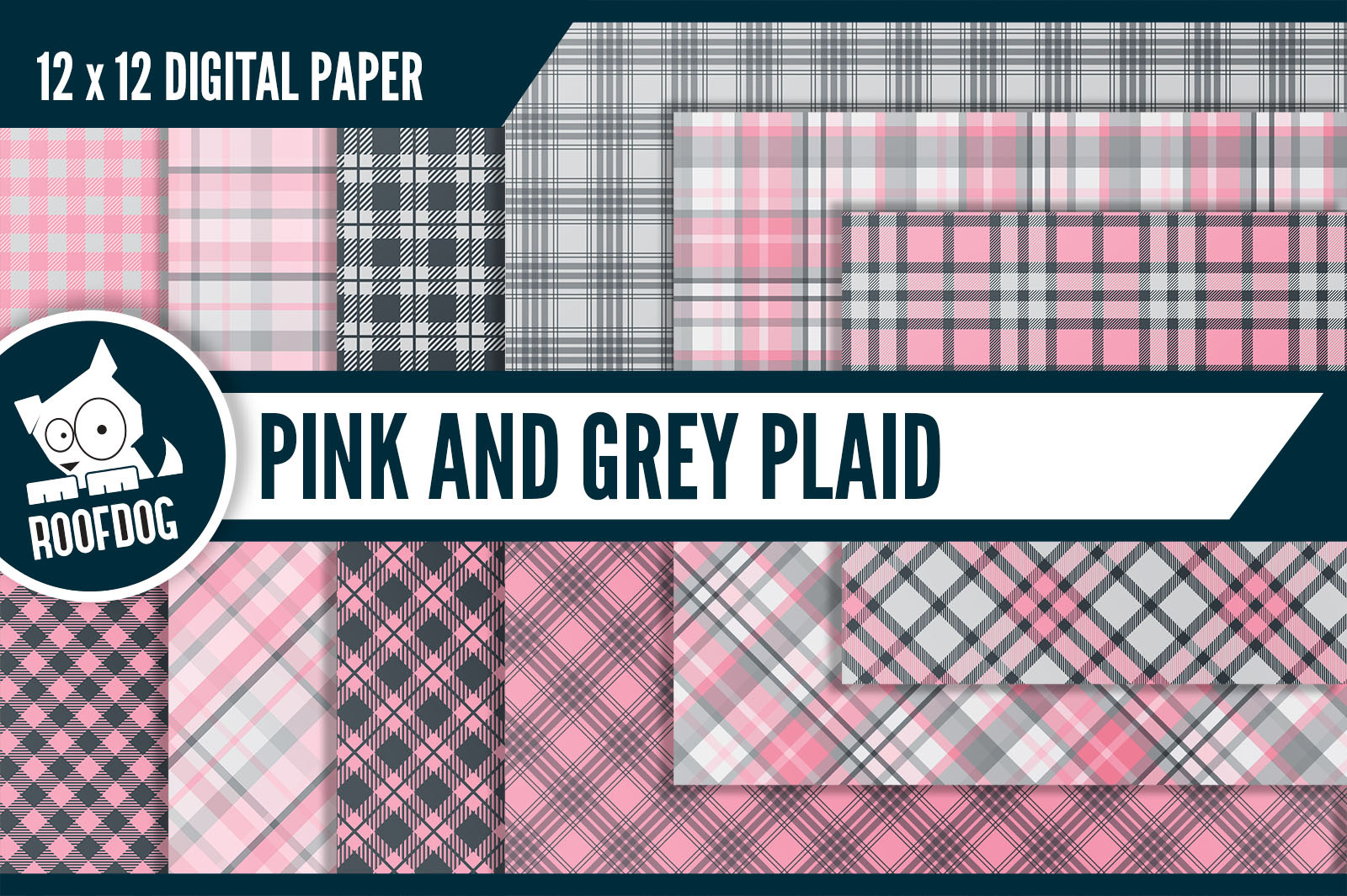 Pink and gray plaid digital paper, a Pattern Graphic by Roofdog Design