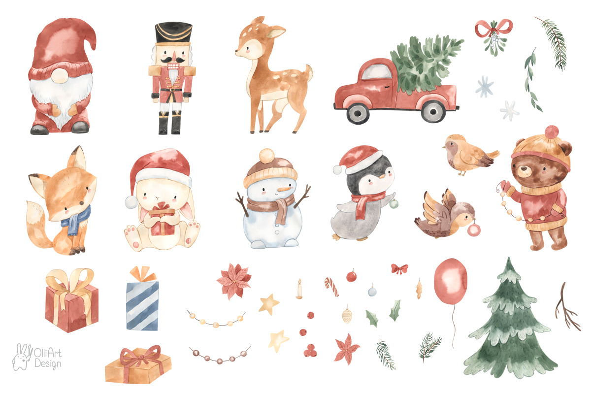 Christmas watercolor animal clipart