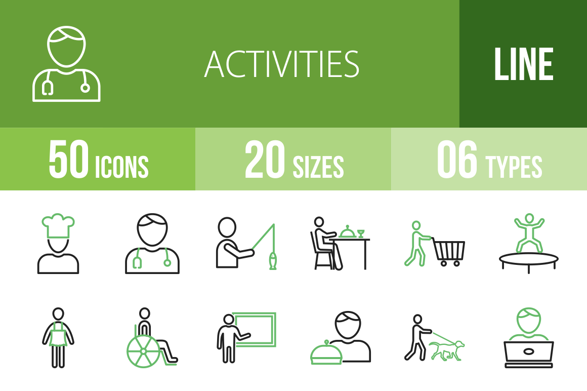 50 Activities Green & Black Icons, an Outline Icon by IconBunny