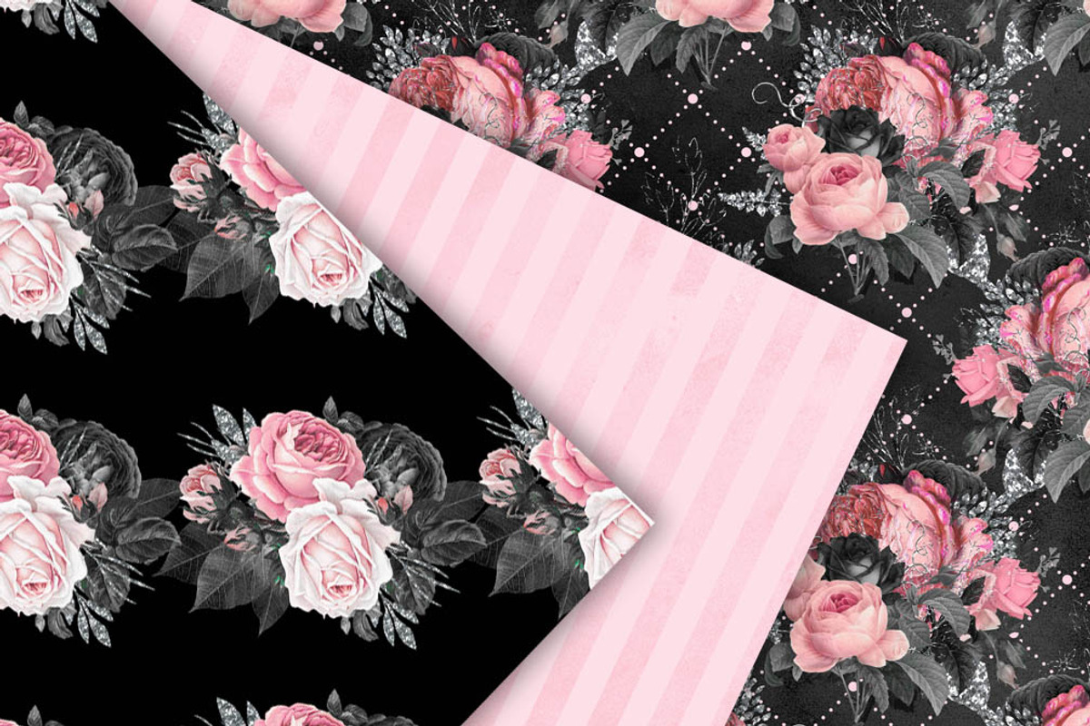 Pink and Black Floral Digital Paper, a Pattern Graphic by Digital Curio