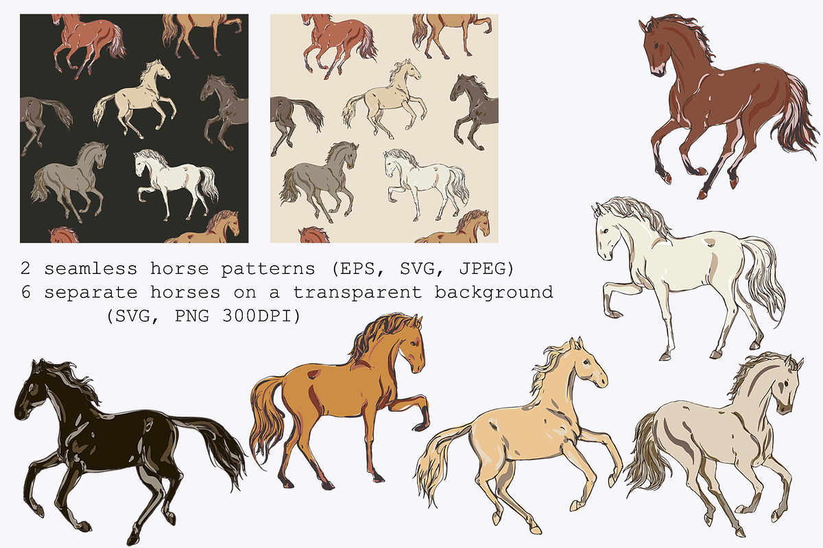 Horse vector seamless + clipart set, a Pattern Graphic by PatternsBlooming