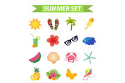 Hello summer icon set, flat, cartoon style. Beach, vacation collection ...