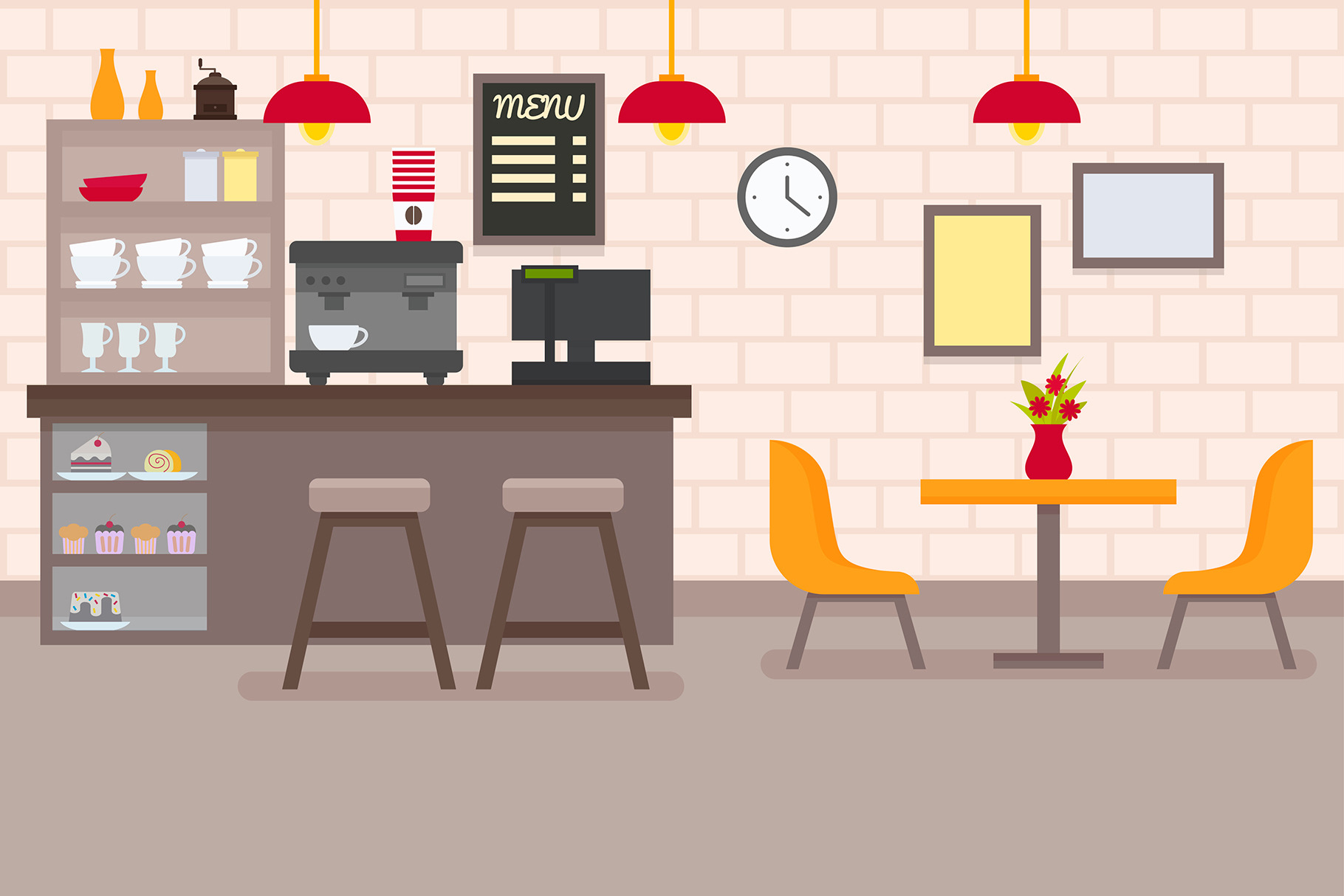 Vector flat cafe interior, a Food Illustration by Irina Romanova