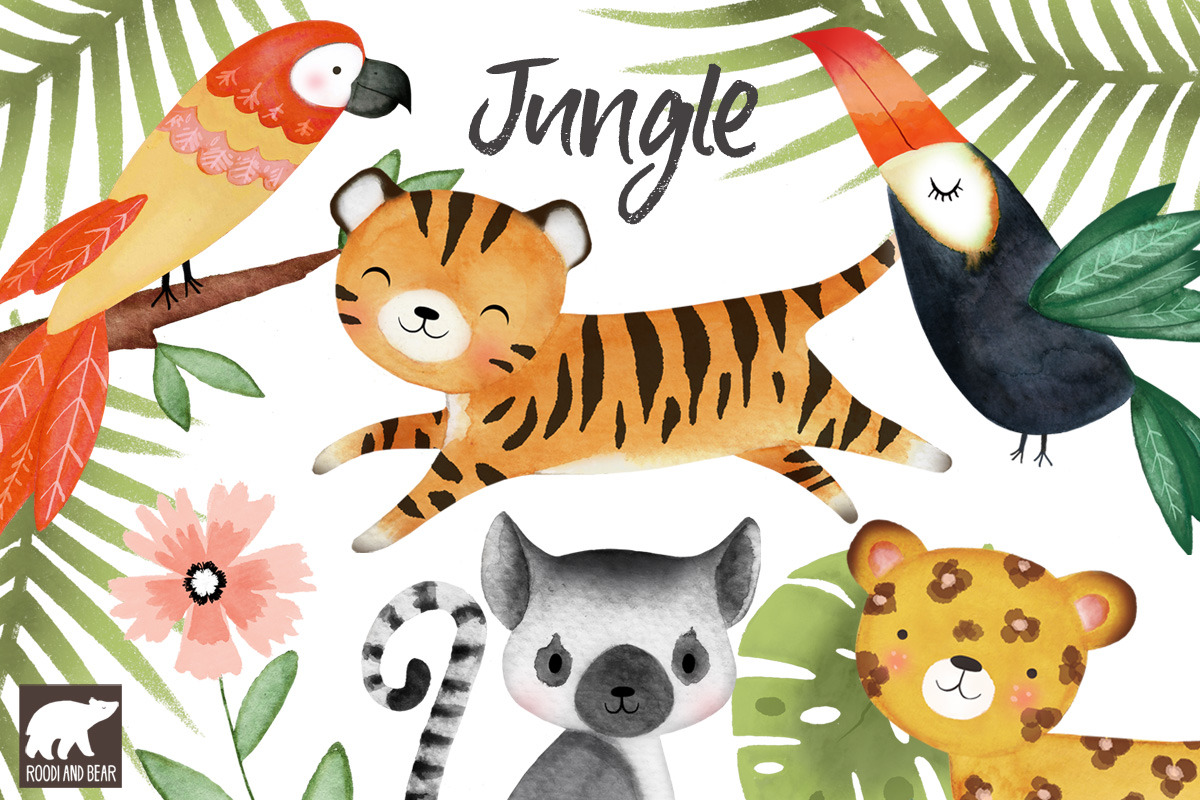 Watercolor Jungle Clip Art, an Animal Illustration by Roodi and Bear